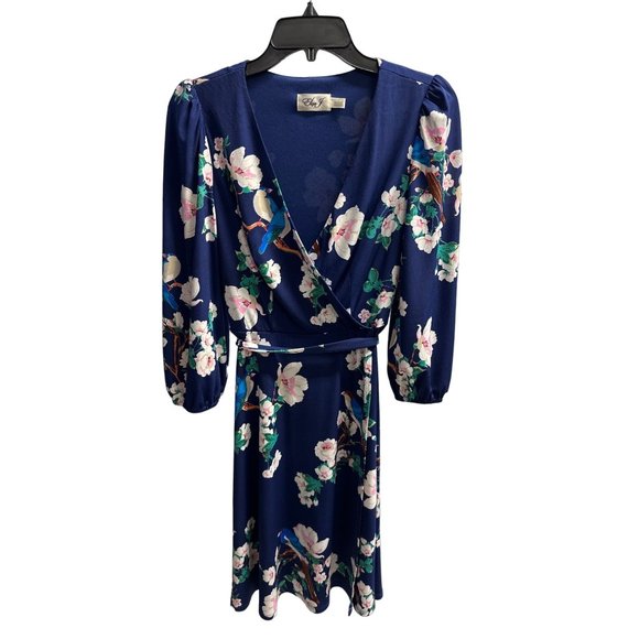 Eliza J | Dresses | Eliza J Blue Floralbird Print Faux Wrap Tiefront ...